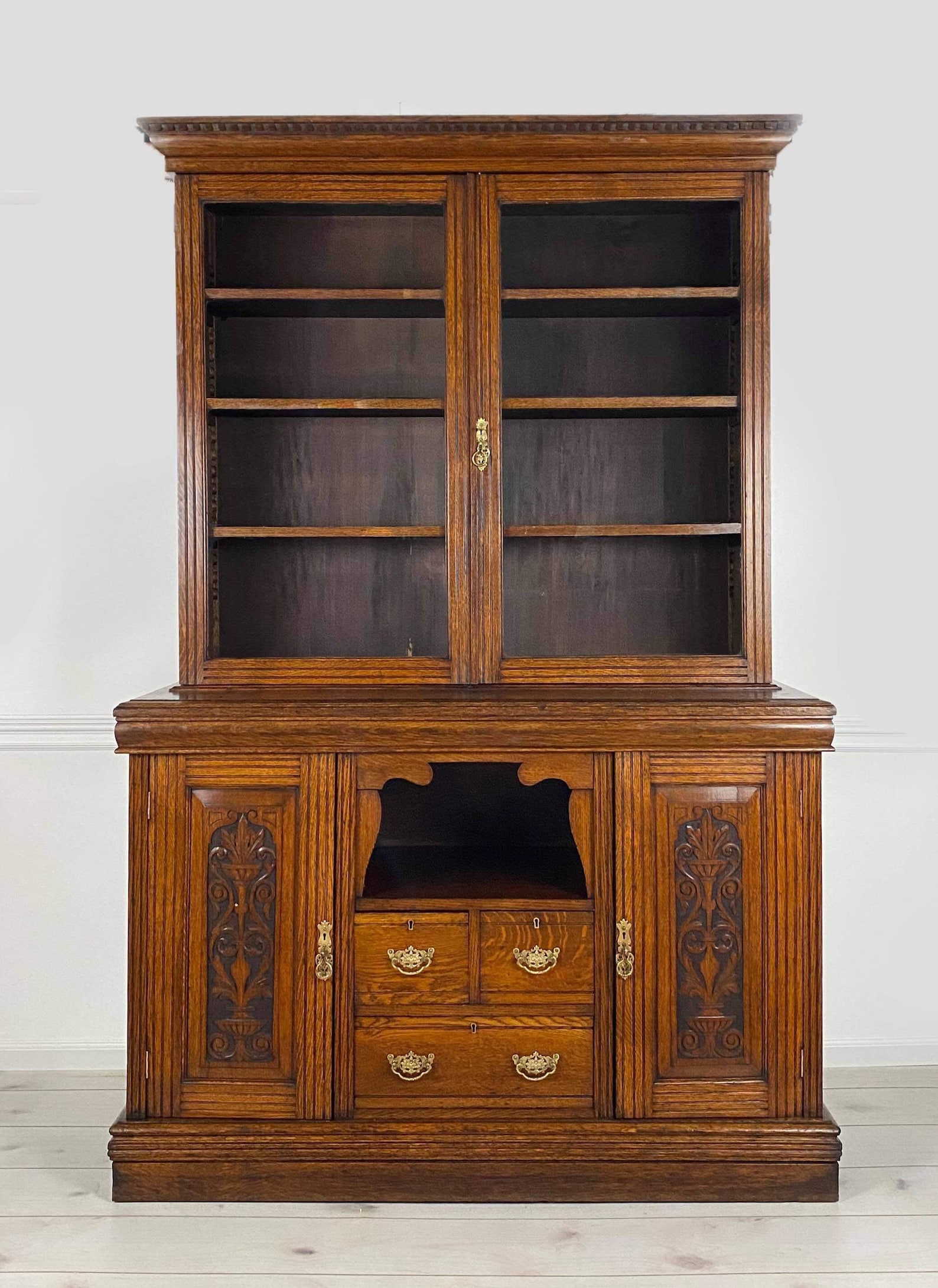 Antique Tiger Oak Quarter Sawn Bookcase Bookshelf Hutch Glass Doors ...