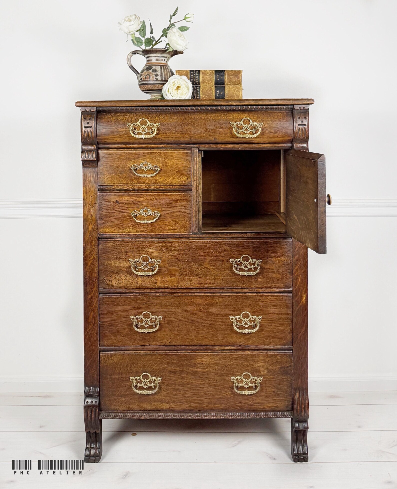 Antique Tiger Oak Tallboy Highboy Dresser With Hat Box Compartment ...