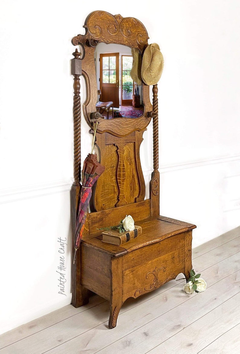 Antique Tiger Oak Hall Tree With Bench Mirror Quarter Sawn - Etsy