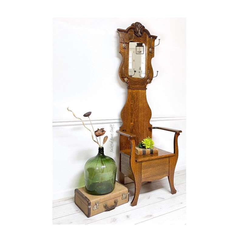 Antique Tiger Oak Hall Tree With Bench and Storage Quarter - Etsy