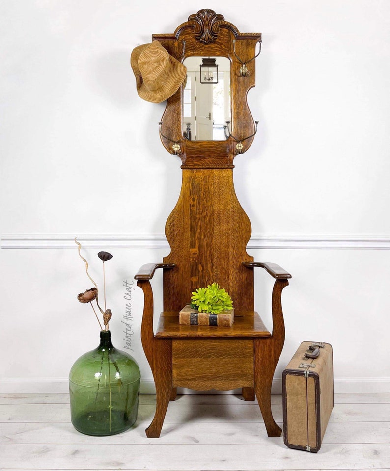 Antique Tiger Oak Hall Tree With Bench and Storage Quarter - Etsy