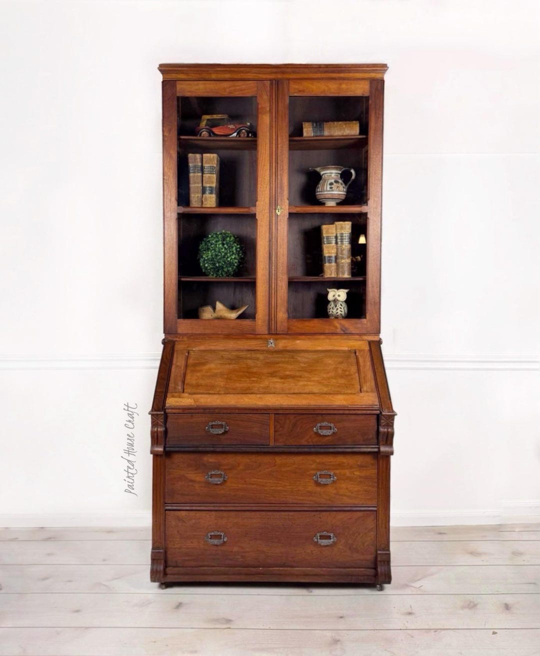 Antique Drop Front Tall Mahogany Secretary Desk Dresser Glass Doors ...
