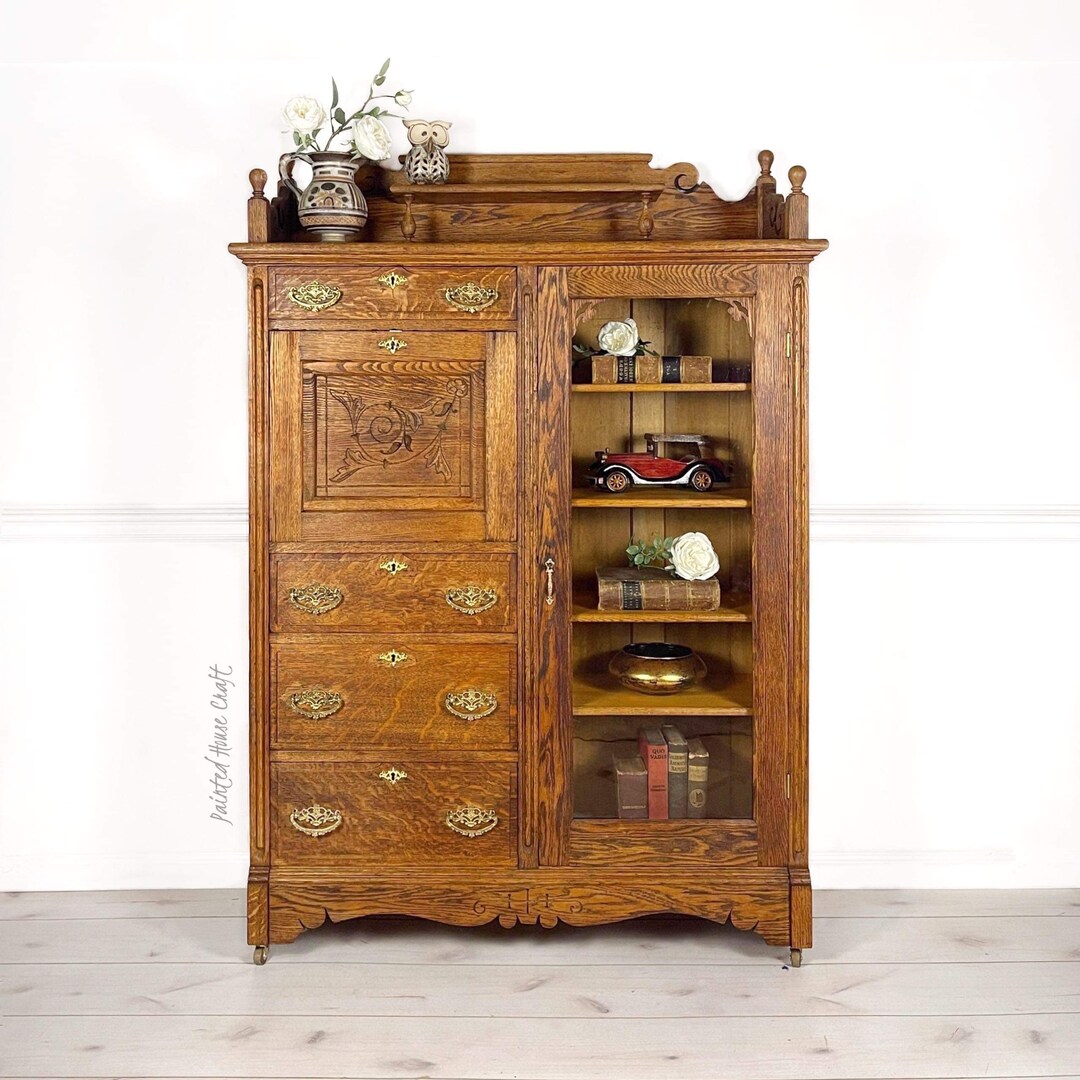 Antique Victorian Tiger Oak Side-by-side Secretary Desk & Bookcase ...