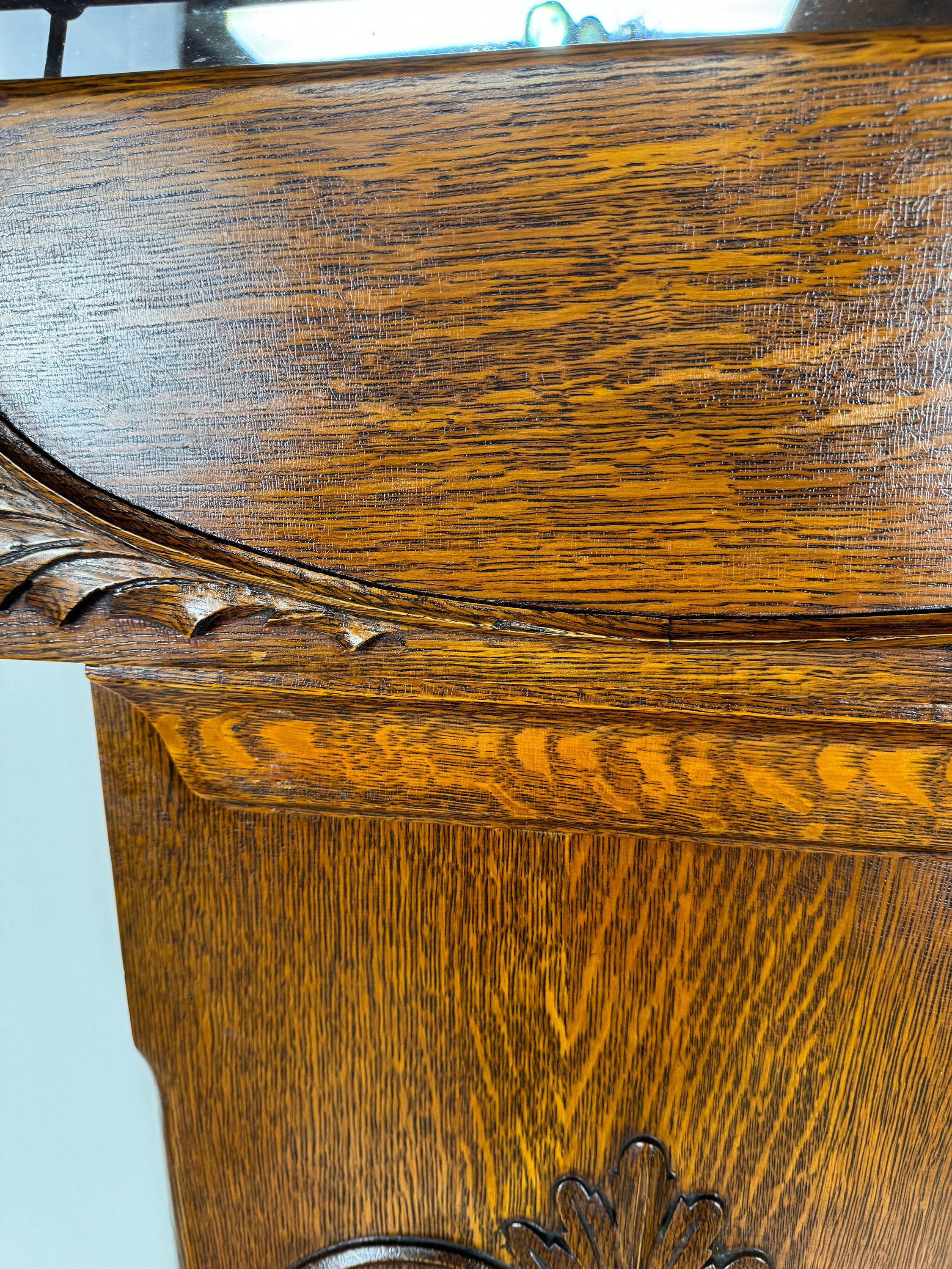 Antique Tiger Oak Hall Tree With Bench Mirror Quarter Sawn Oak Entryway ...