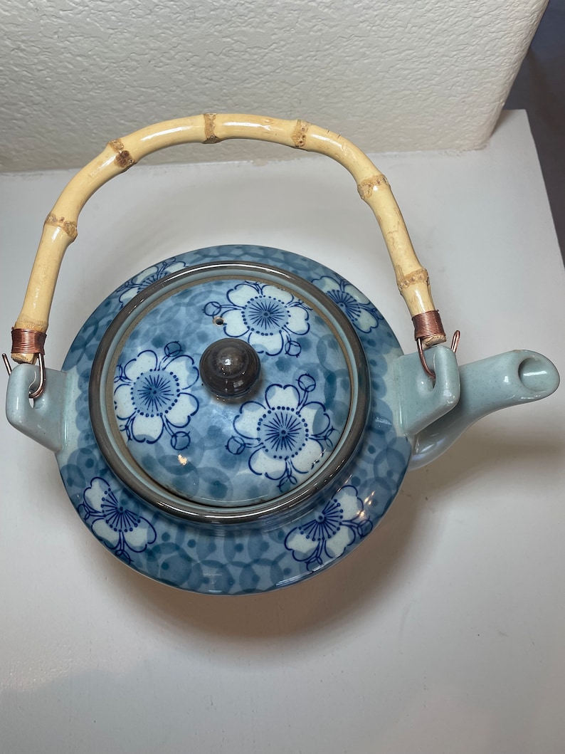 Teapot With Bamboo Handle and Strainer, Blue Floral Ceramic Vintage - Etsy