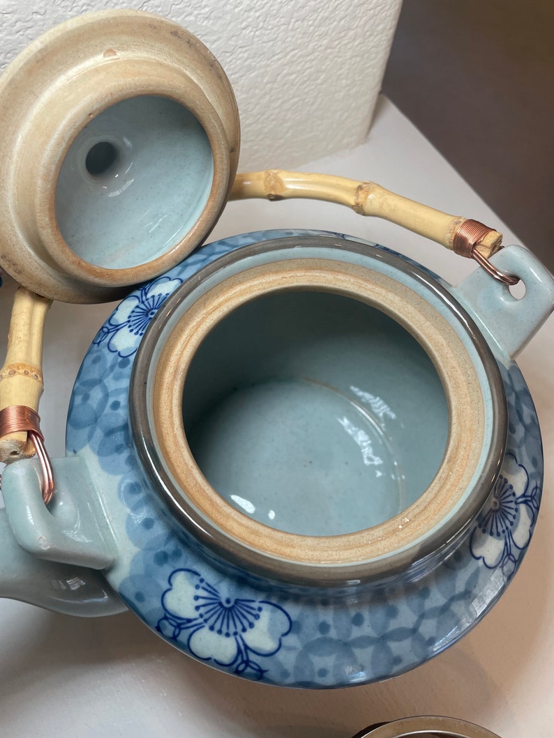 Teapot With Bamboo Handle and Strainer, Blue Floral Ceramic Vintage - Etsy