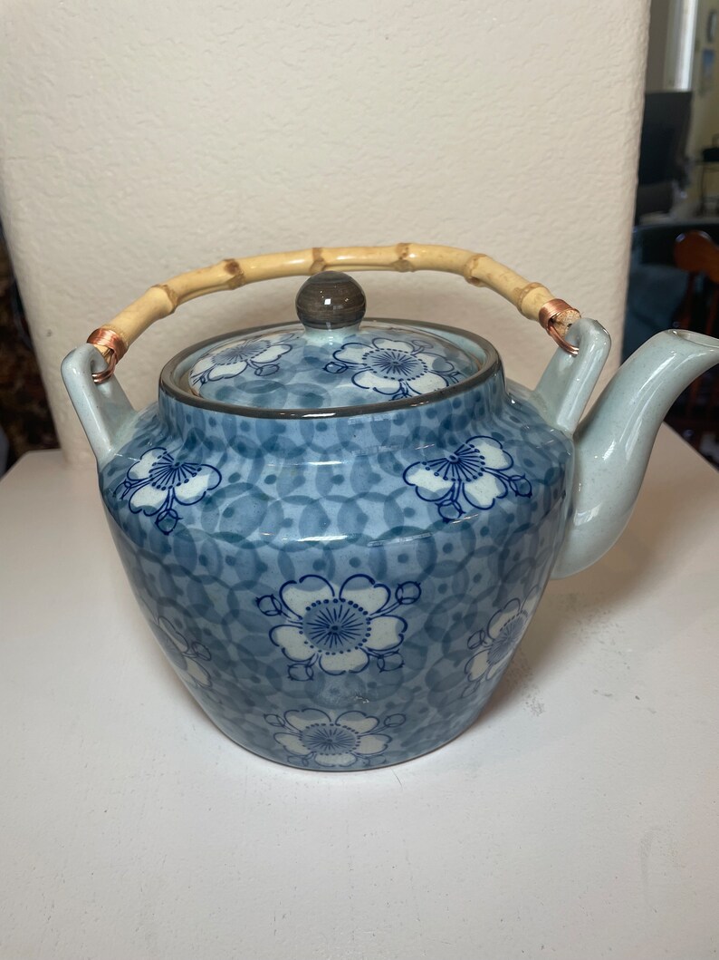 Teapot With Bamboo Handle and Strainer, Blue Floral Ceramic Vintage - Etsy