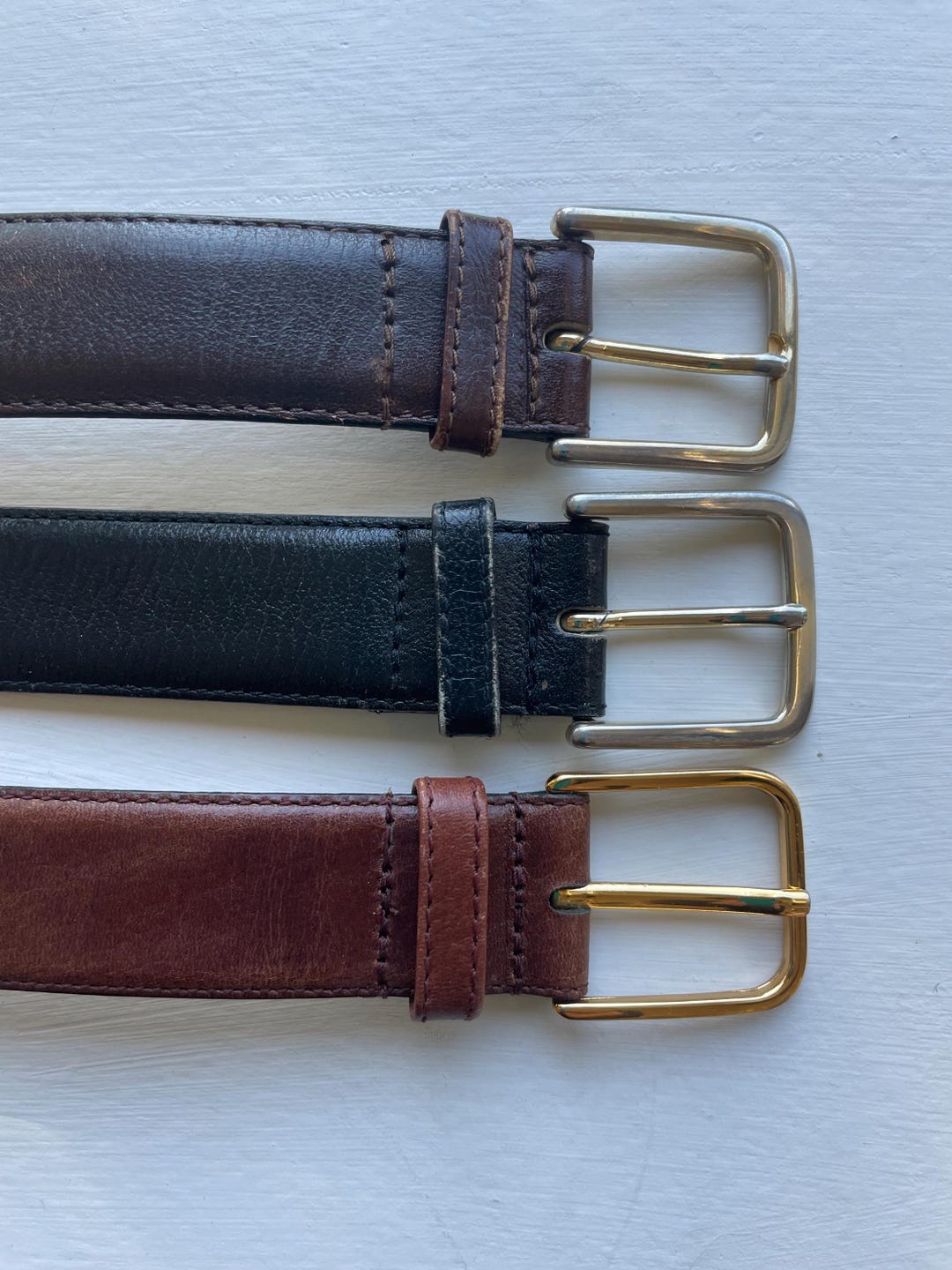3 Leather Belts Cowhide Brass Buckles, Black Chestnut Espressso Size 34 ...