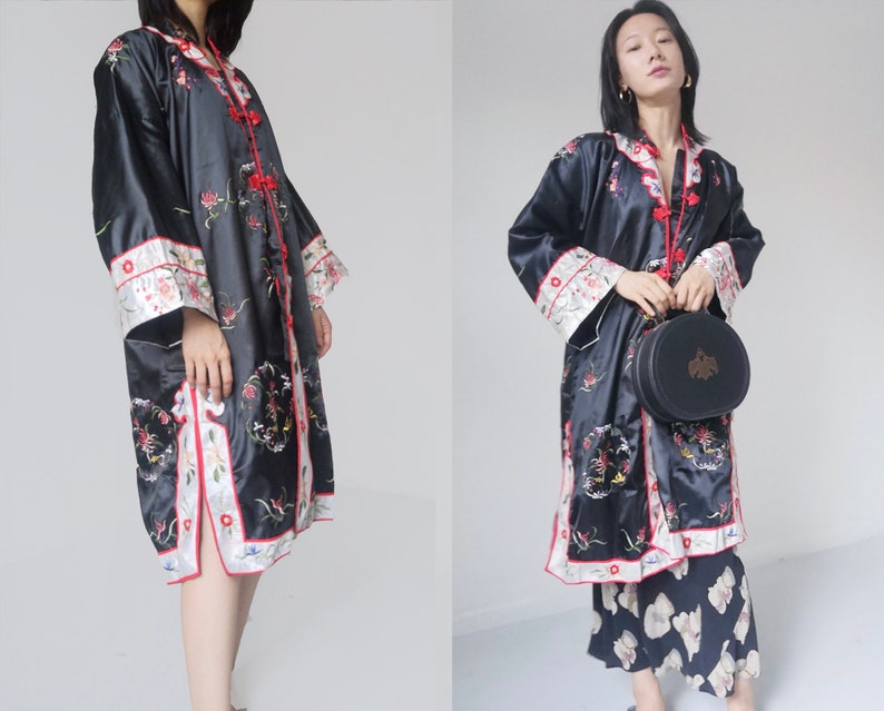 RARE Black Glossy Hand Embroidered Floral Chinese Robe Coat | Etsy