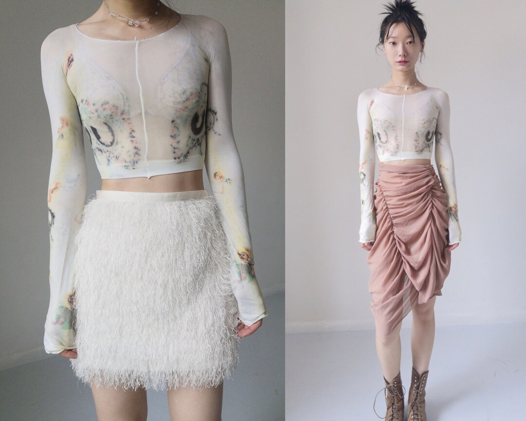 White Rococo Angel Ecru Cream Sheer Silk Mesh Tattoo Top Crop Tee ...