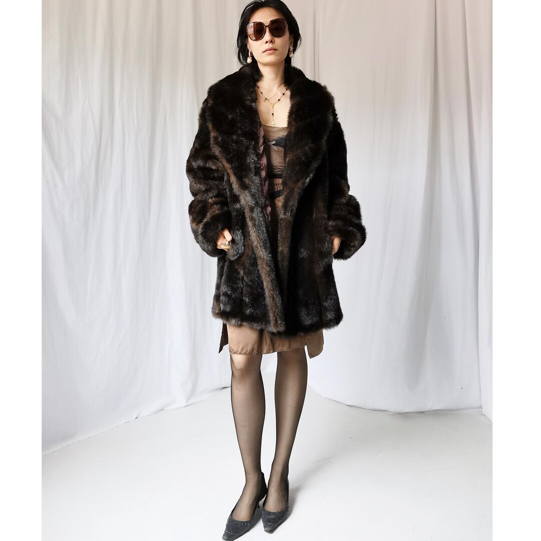 Marvin Richards VTG Faux Mink Fur Coat Midi Oversize Dark Brown Winter ...