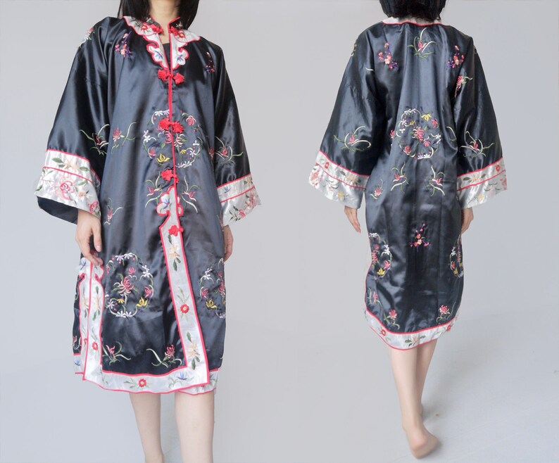 RARE Black Glossy Hand Embroidered Floral Chinese Robe Coat | Etsy