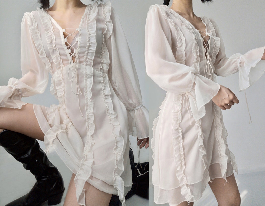 Ruffle off White Cream See Through Light Sheer Gauze Flare Sleeve ...