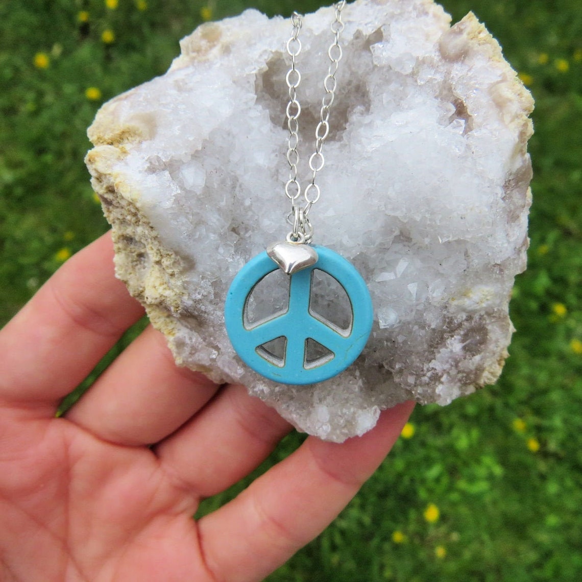Crystal Peace Sign Necklace Sterling Silver Blue Howlite - Etsy