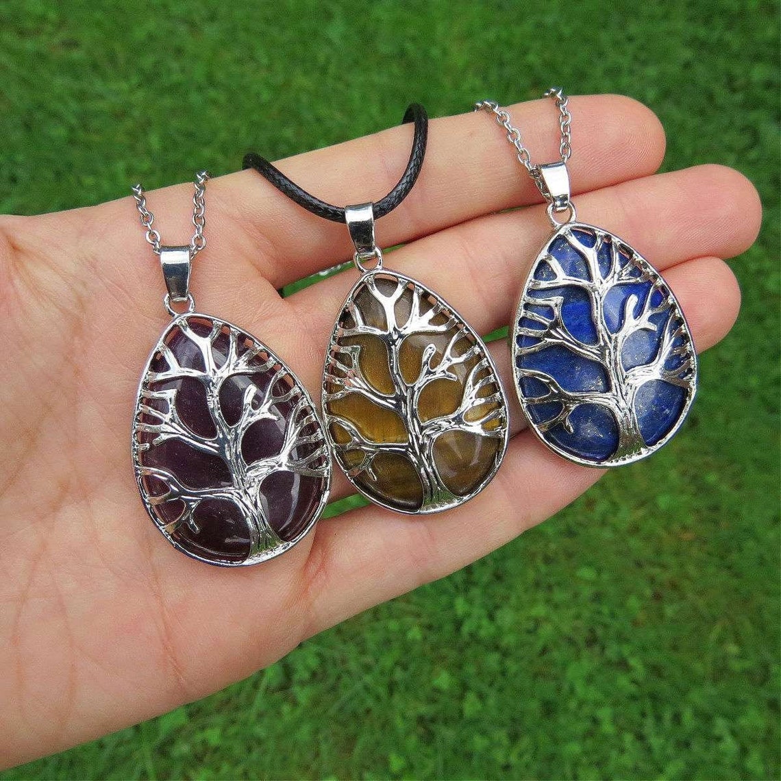 Tree of Life Stone Necklace Black Cord Crystal Necklace for - Etsy