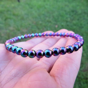 Rainbow Hematite Bracelet - Beaded Stone Bracelet - Hematite Crystal Bracelet - Titanium Rainbow ...