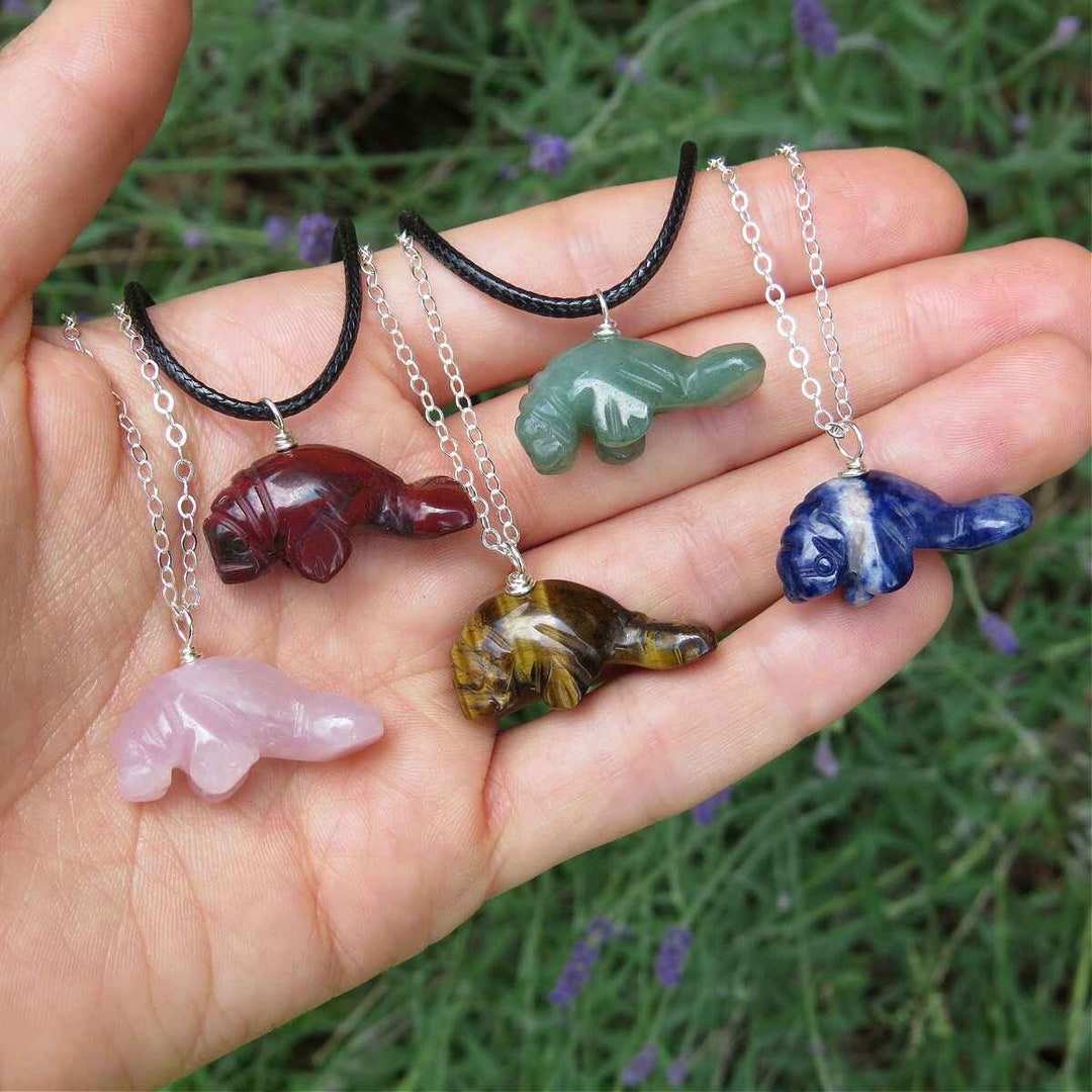 Crystal Manatee Necklace Sterling Silver - Carved Stone Animal Jewelry ...