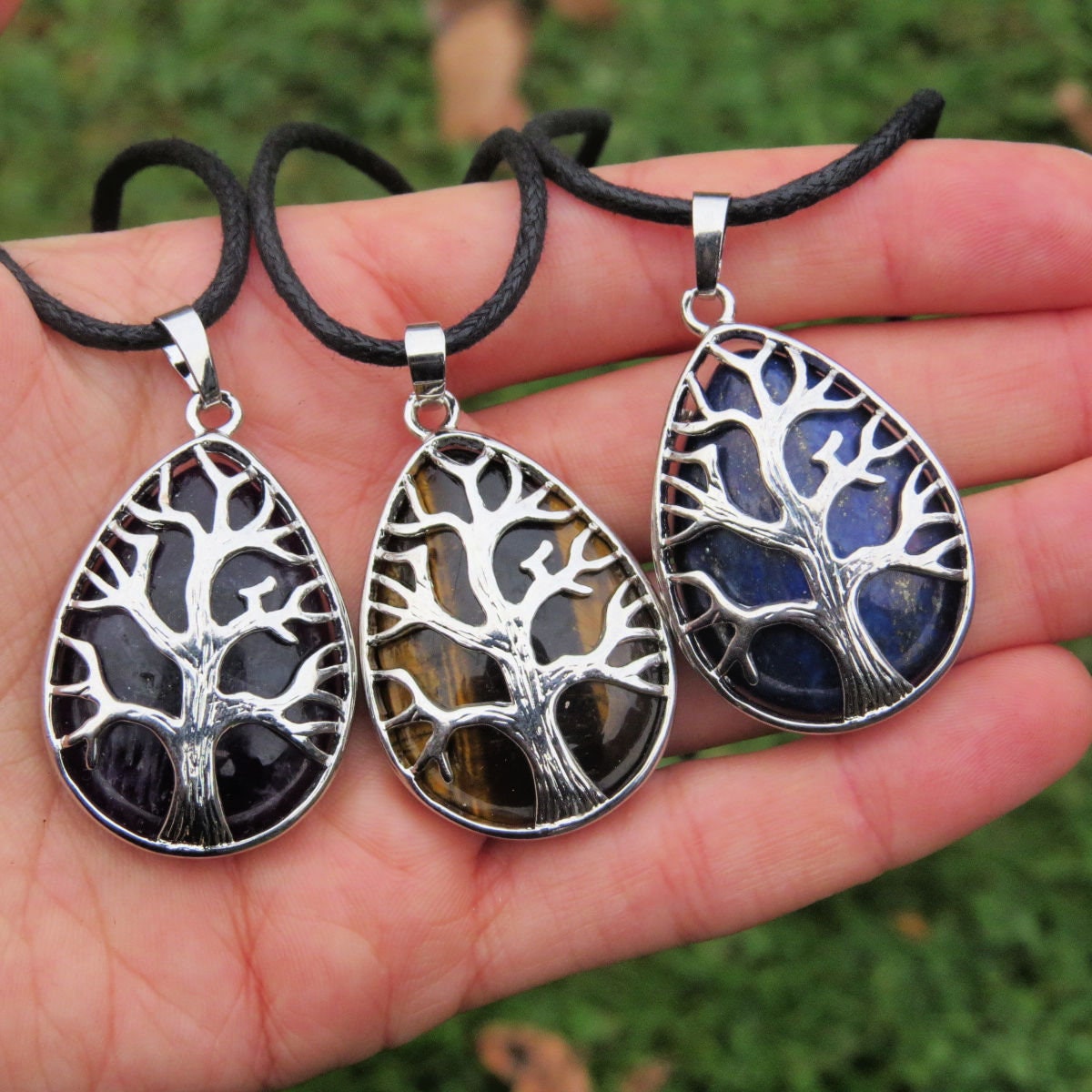 Tree of Life Stone Necklace Black Cord Crystal Necklace for - Etsy