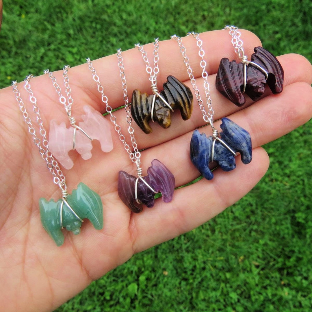 Crystal Bat Necklace Sterling Silver - Halloween Jewelry - Carved Stone ...