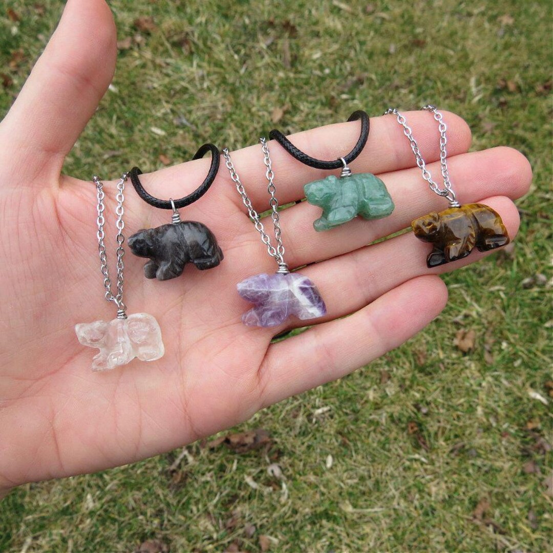 Mini Crystal Bear Necklace - Carved Stone Bear Crystal Animal Necklace ...