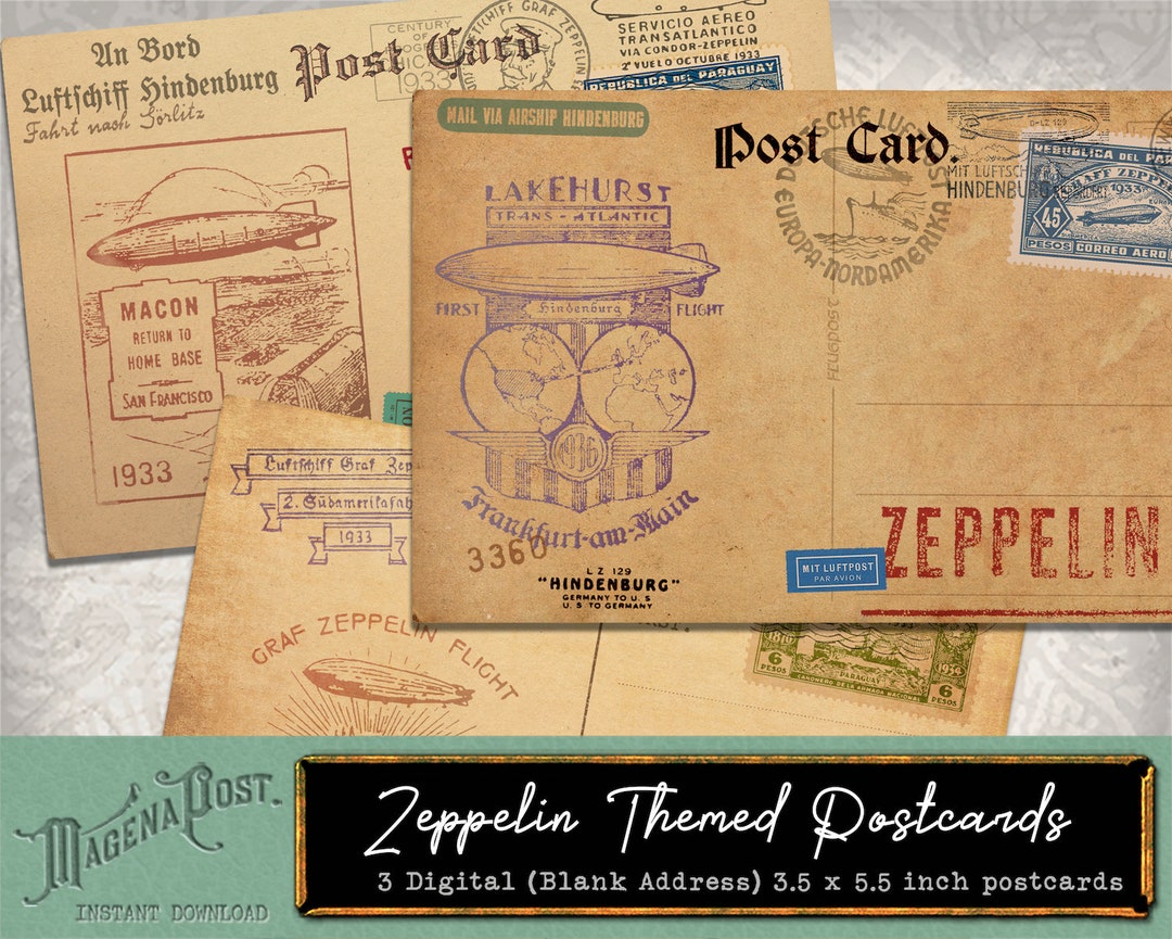 3 Vintage Zeppelin Themed / Postmarked Antique Postcards With Blank ...