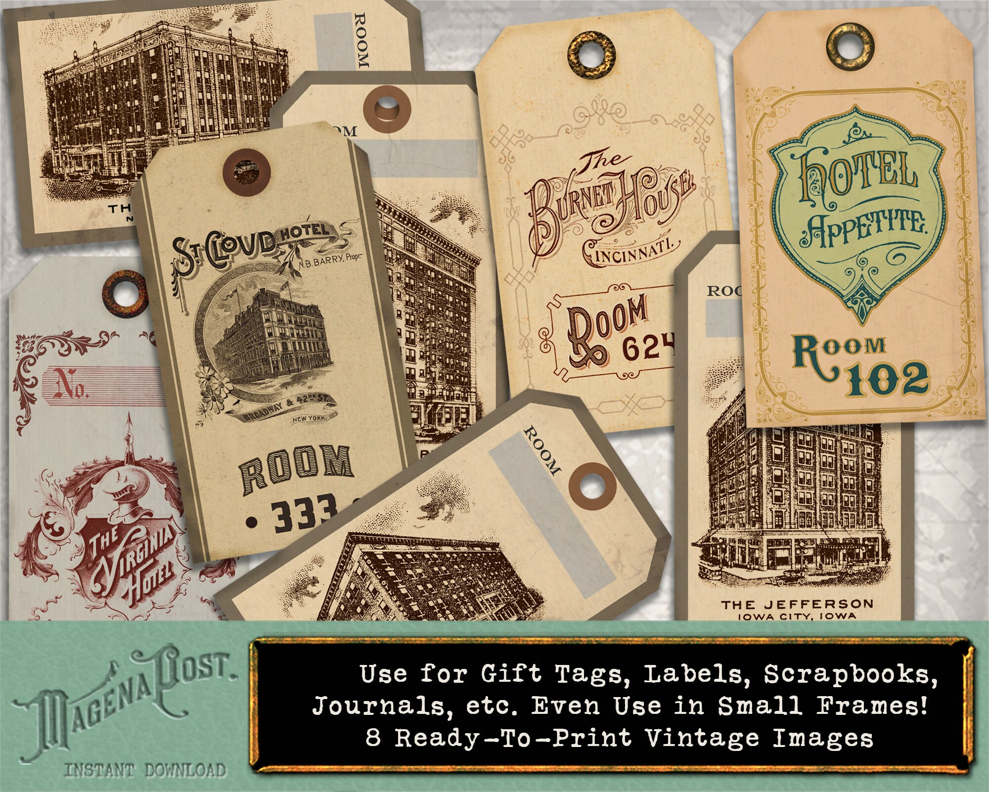 8 Vintage Hotel Room Key Tags Antique Paper Ephemera Printable Digital ...