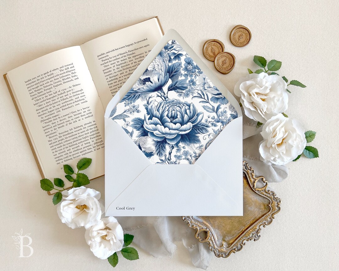 Blue Toile Lined Wedding Envelopes Chinoiserie Envelope Liner, Floral ...