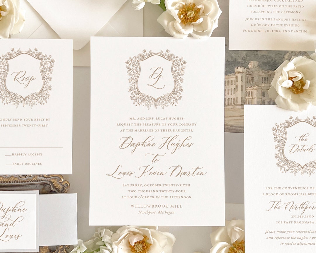 Wedding Crest Invitation, Floral Crest Wedding Invite, Elegant Wedding ...