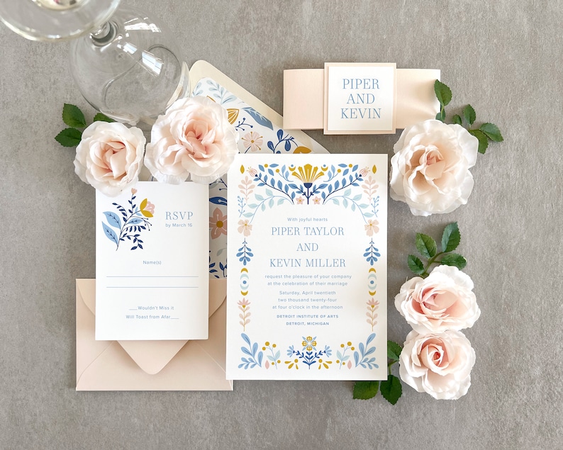 Folk Art Wedding Invitation Pastel Color Wedding Invitation - Etsy