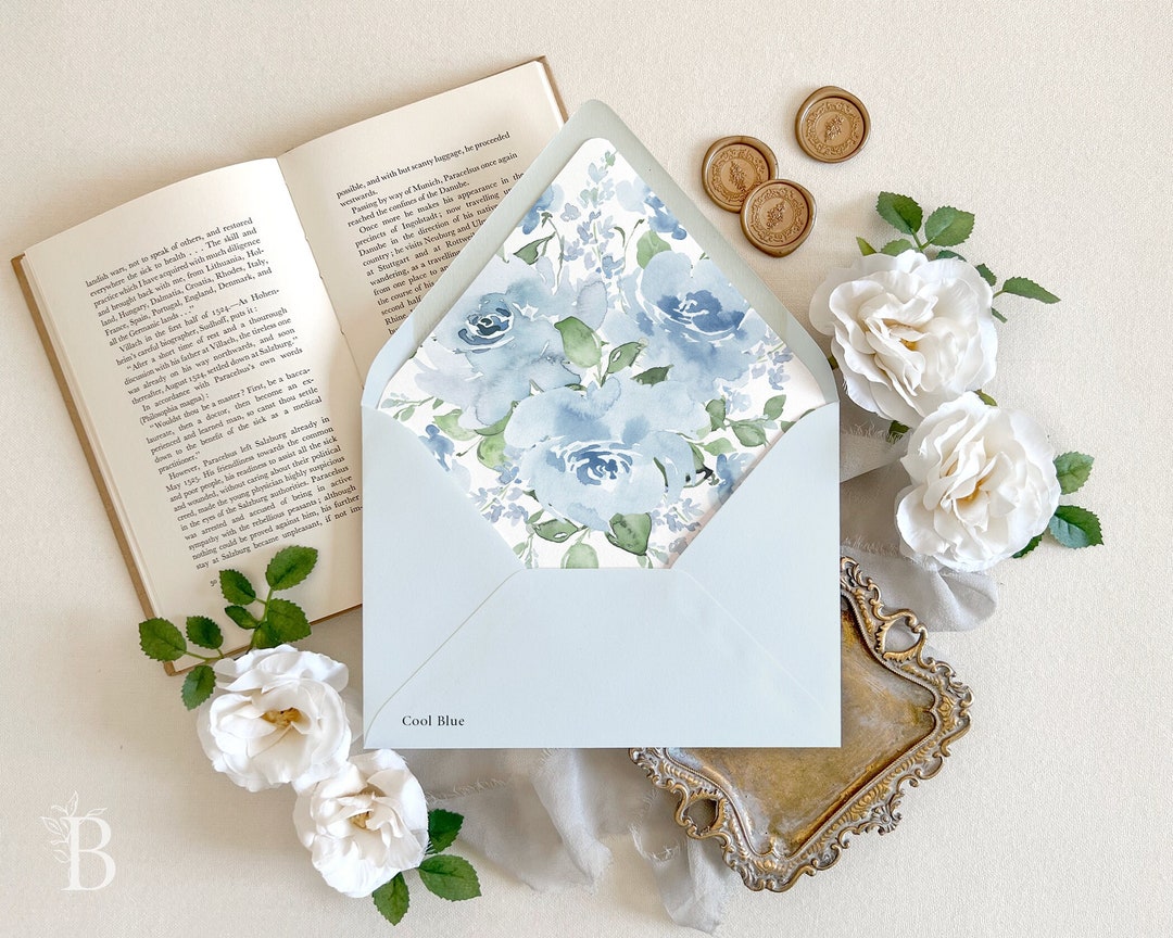 Blue Floral Envelope Liner | Watercolor Flowers Wedding Envelope ...