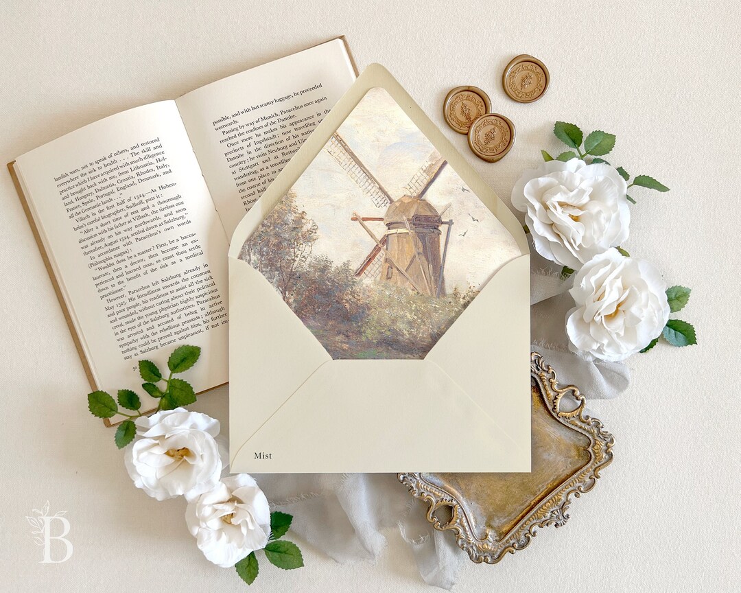 Old-world European Wedding Envelope Liner | Fine Art Windmill Landscape ...