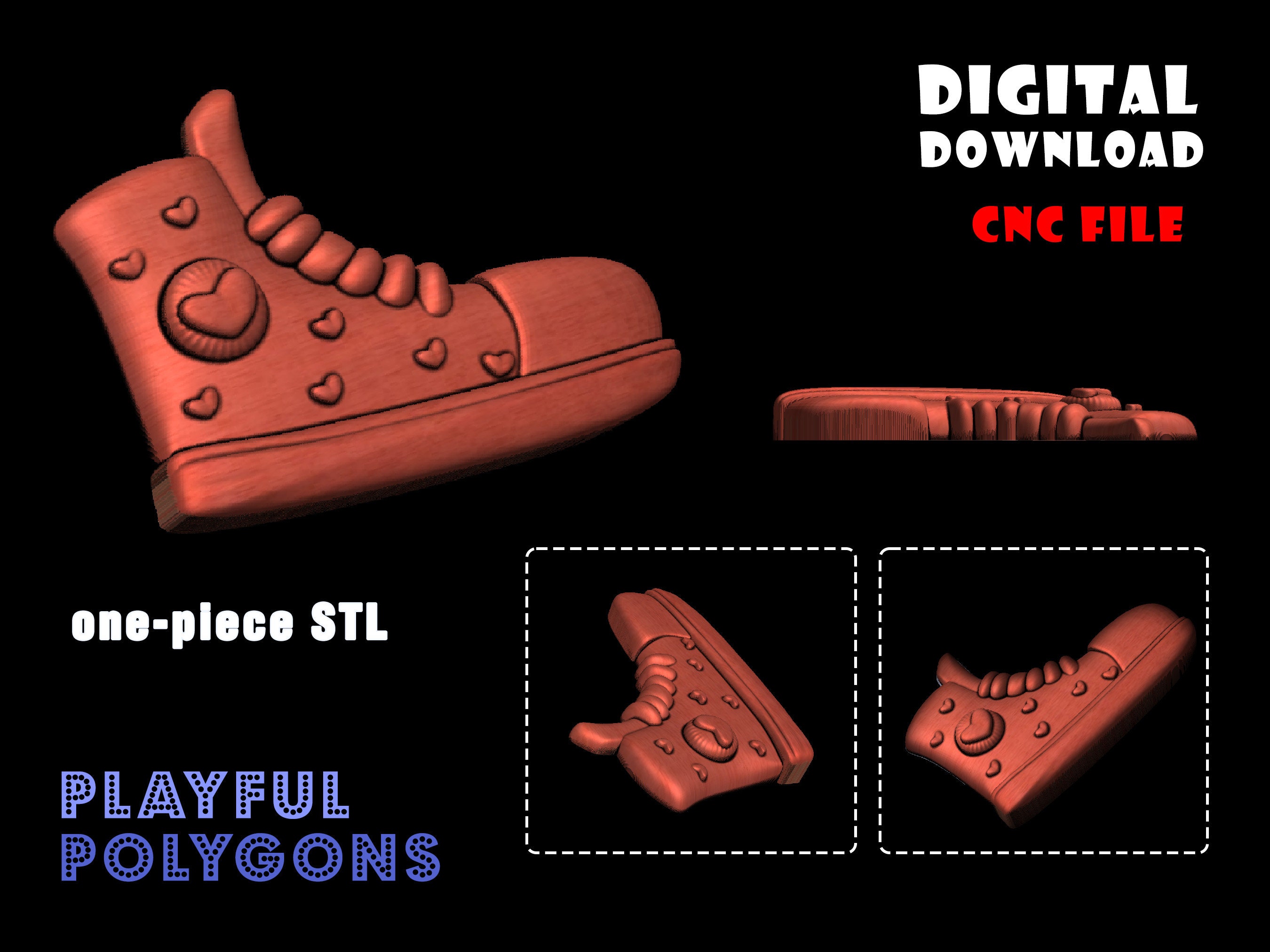 Hearts Sneaker Shoe STL Model for CNC Router & 3D Printing | Artcam ...