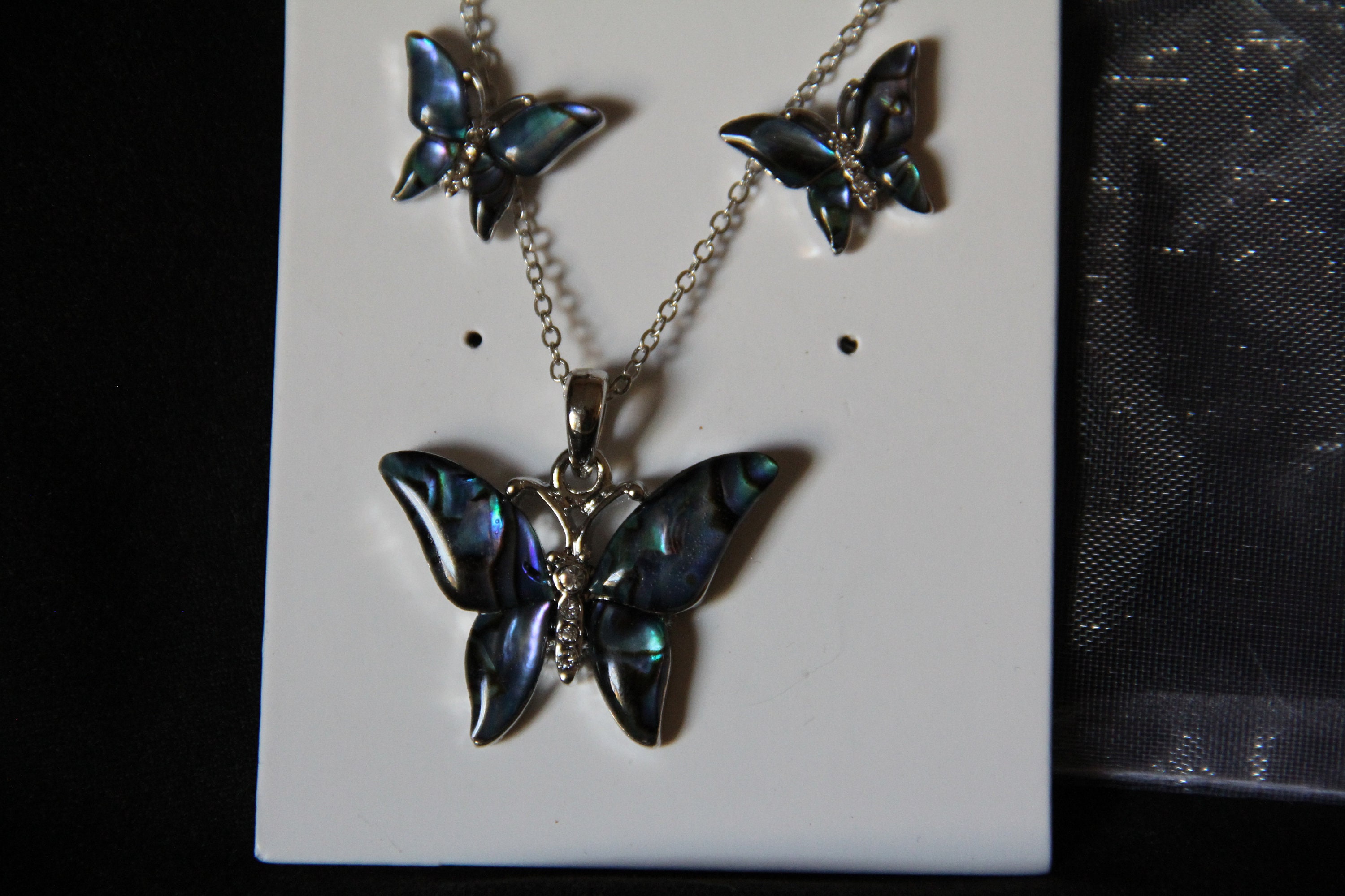 Vintage Abalone Butterfly Necklace and Earrings Set Silver Plate 80's ...