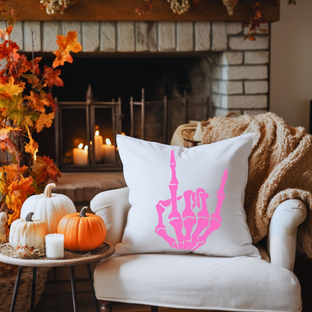Pink Skeleton Hand Rock on Halloween Home Decor Polyester Square Pillow ...
