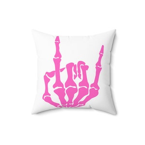 Pink Skeleton Hand Rock on Halloween Home Decor Polyester Square Pillow ...