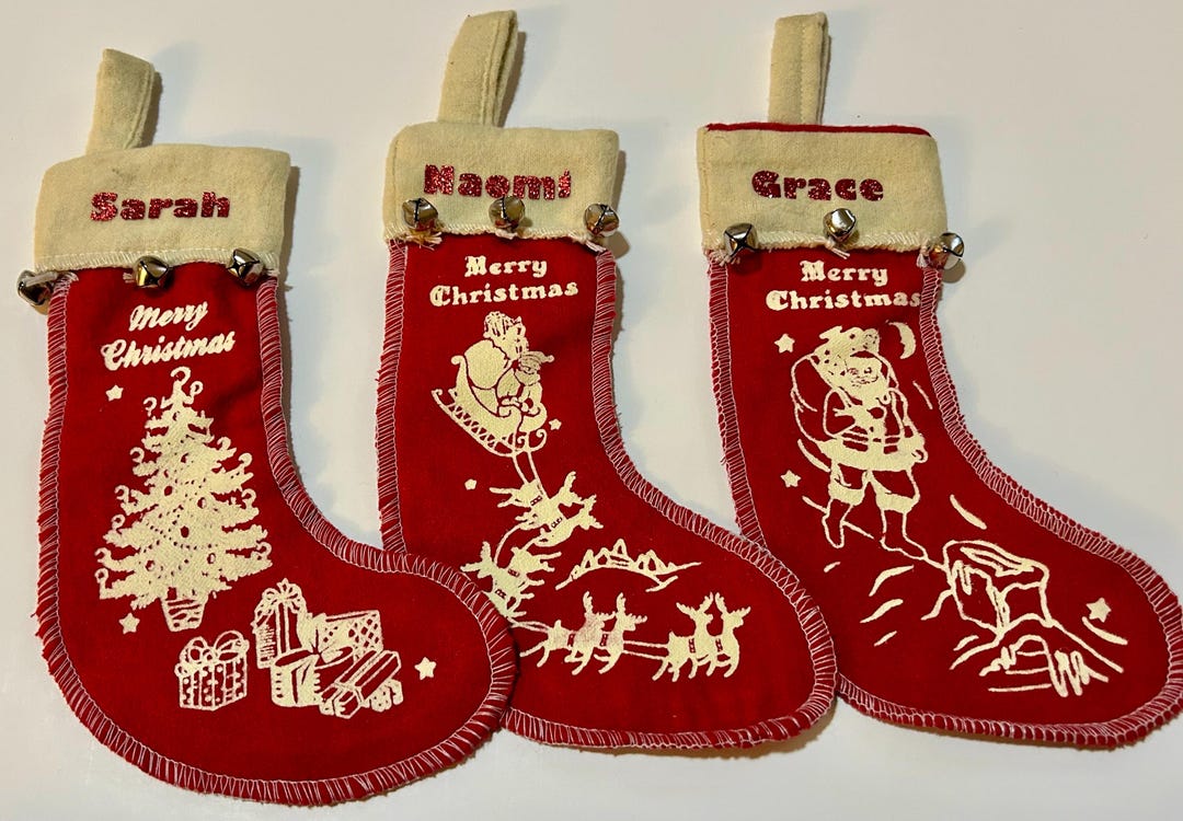 Christmas Stocking Vintage Style Red Felt Santa Claus and Reindeer Set ...