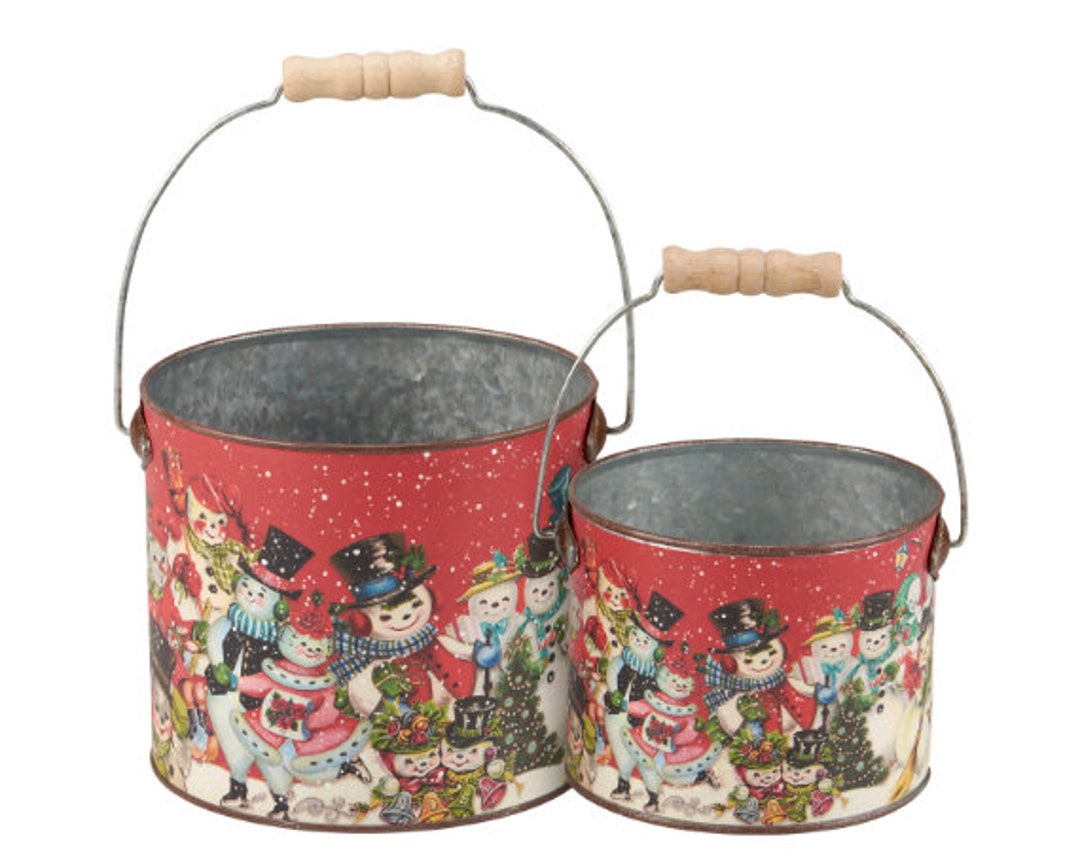 Christmas Snowman Bucket Vintage Style Set of 2 Metal Pail Favor Cookie ...