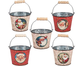 Christmas Santa Claus Bucket Vintage Style Set of 2 Reindeer Deer Metal ...