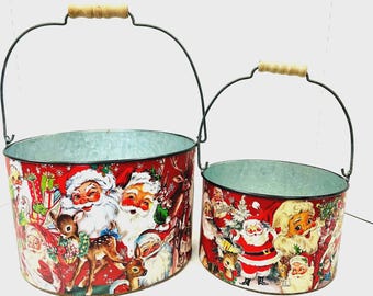 Christmas Santa Claus Bucket Vintage Style Set of 2 Reindeer Deer Metal ...