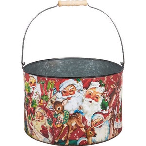Christmas Santa Claus Bucket Vintage Style Set of 2 Reindeer Deer Metal ...