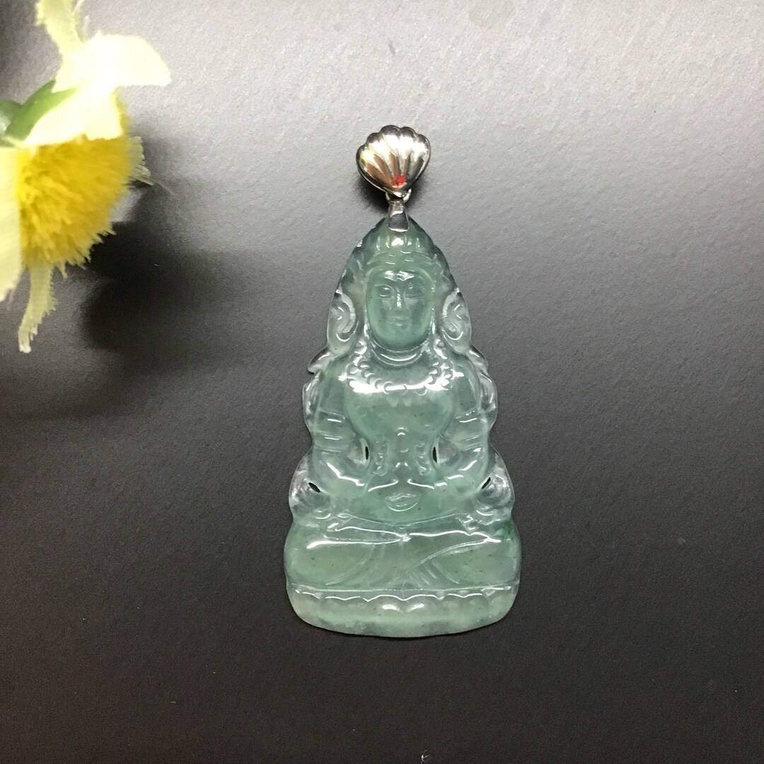18K Gold Tara Buddha Jadeite Pendant: Bluish Green Myanmar Jade - Etsy