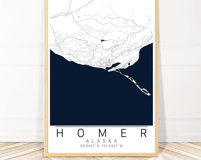 Homer Alaska Map Art Print Map of Homer AK City Art Framed Unframed or ...