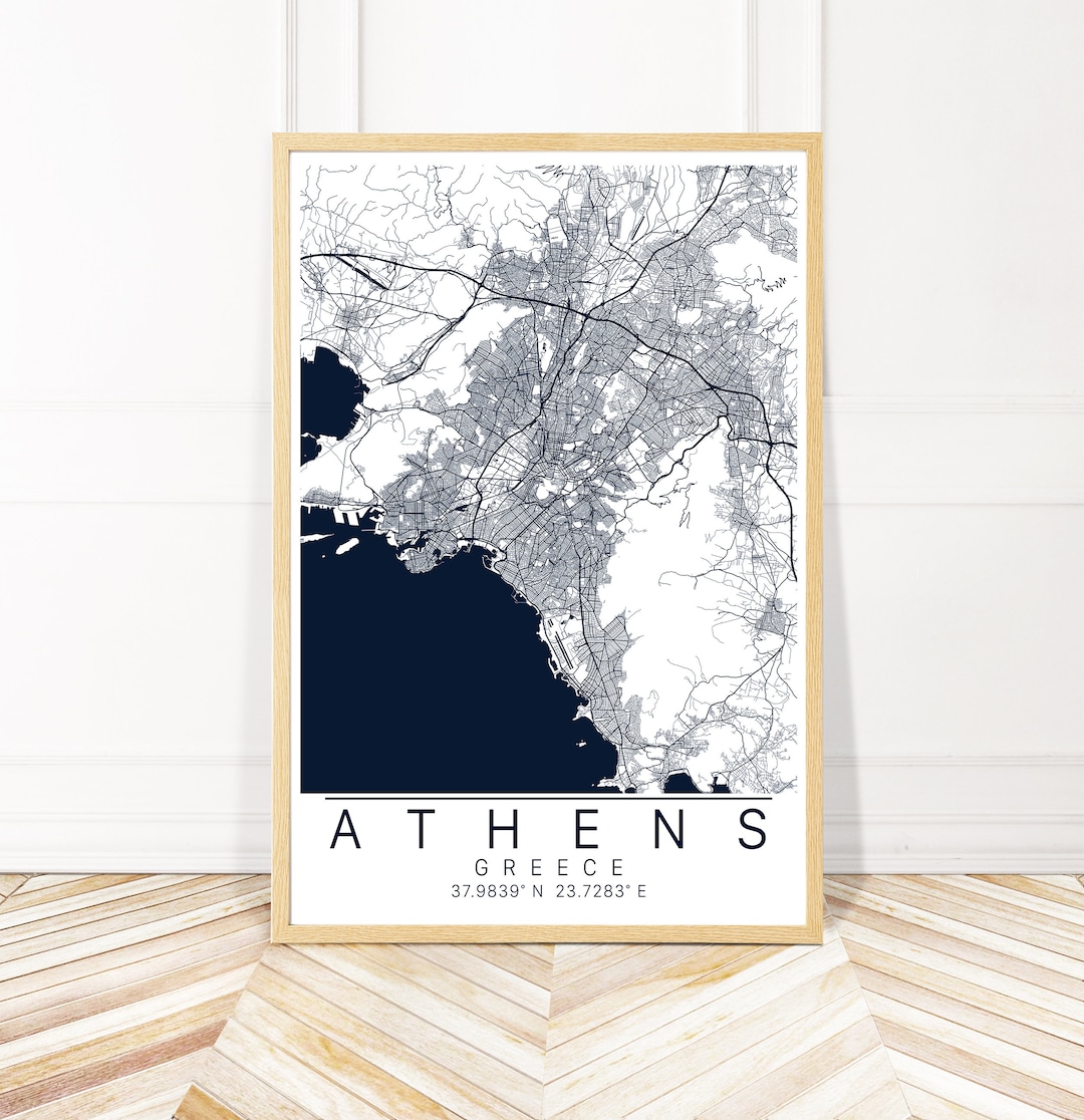 Athens Greece Map Art Framed, Canvas or Print - City Map Wall Art by ...