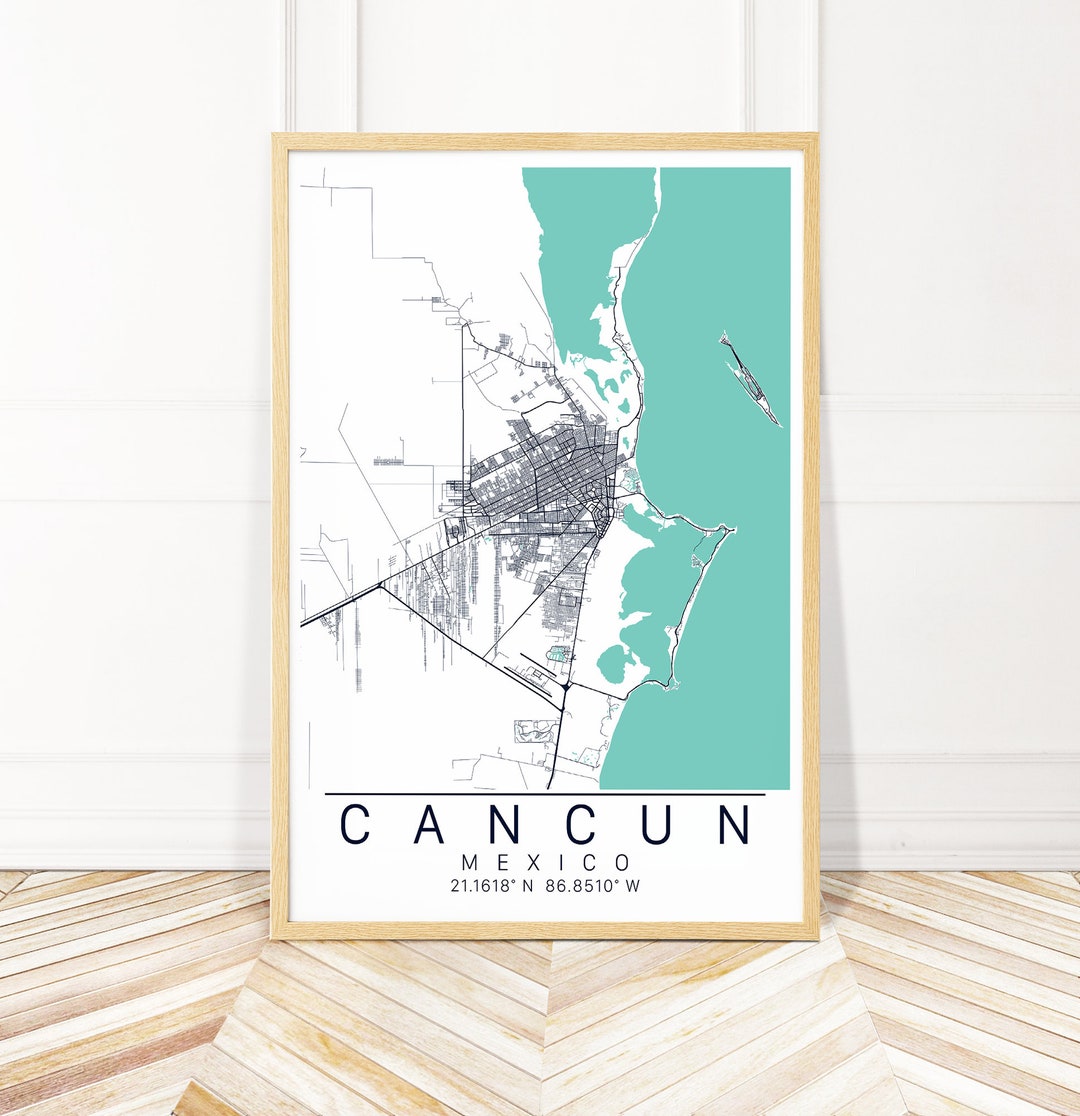 Cancun Map Art Framed Canvas or Print Map of Cancun Mexico - Etsy