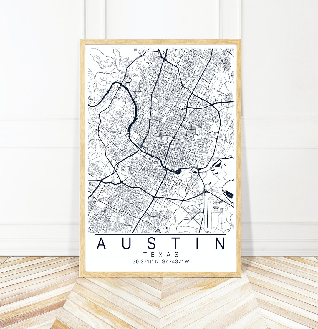 Austin Map Art Framed, Canvas, or Print - Map of Austin Texas - City ...