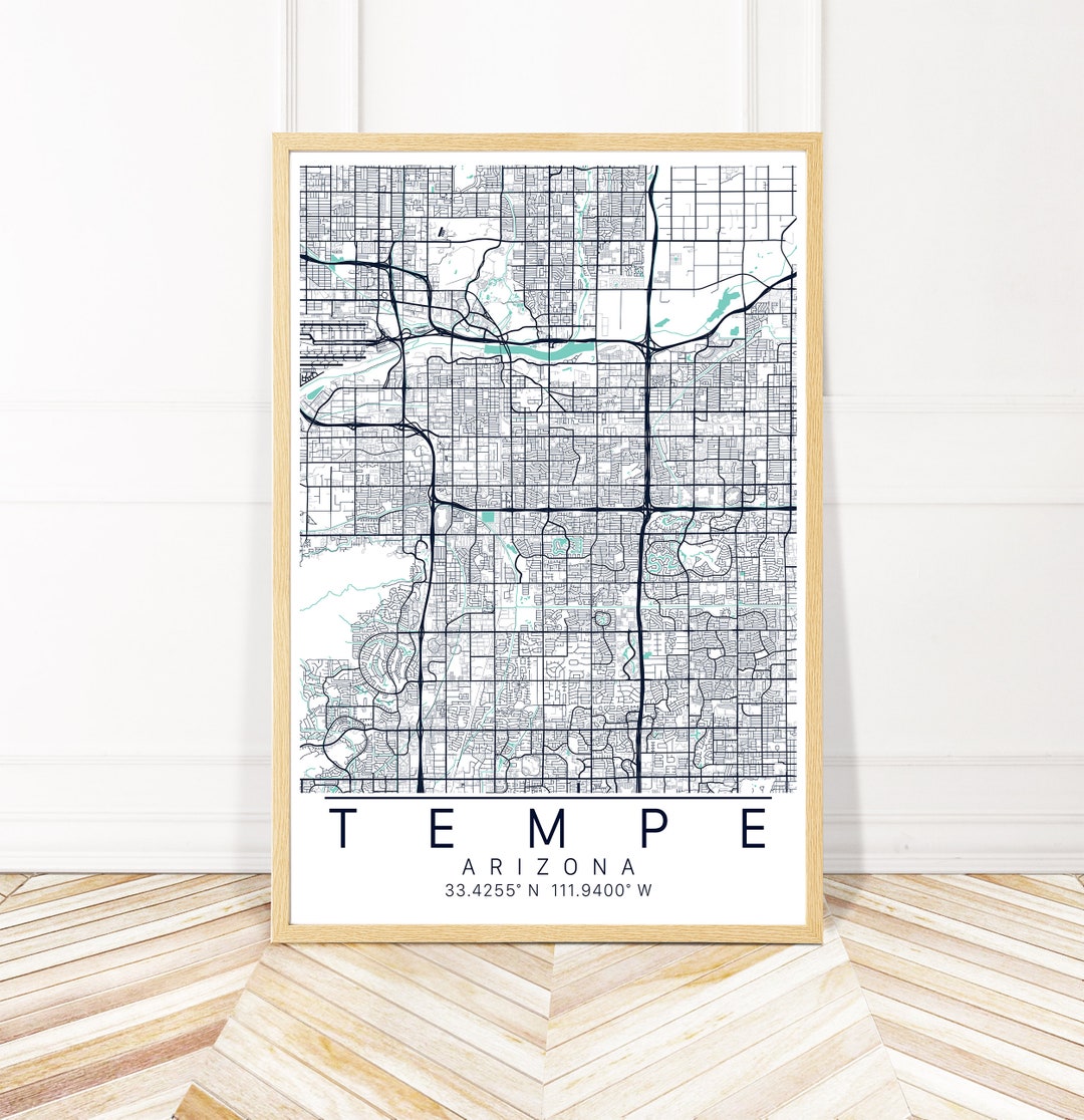 Tempe Map Art Framed Canvas or Print - Map of Tempe Arizona - Framed ...