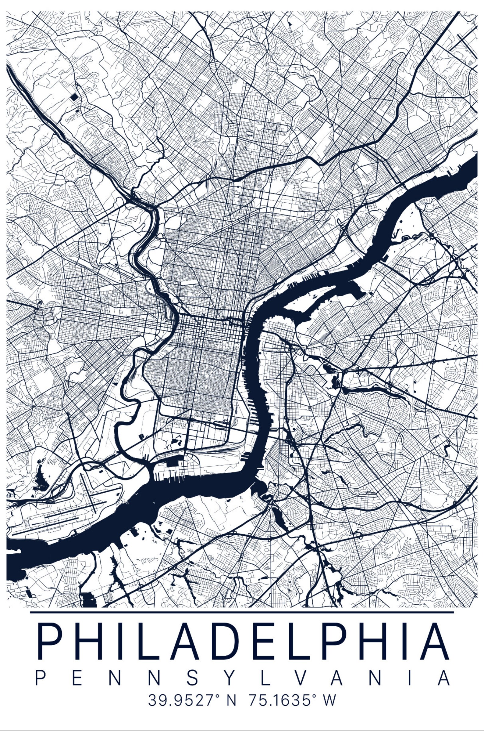 Philadelphia Map Art Framed Canvas or Print City Map Wall - Etsy