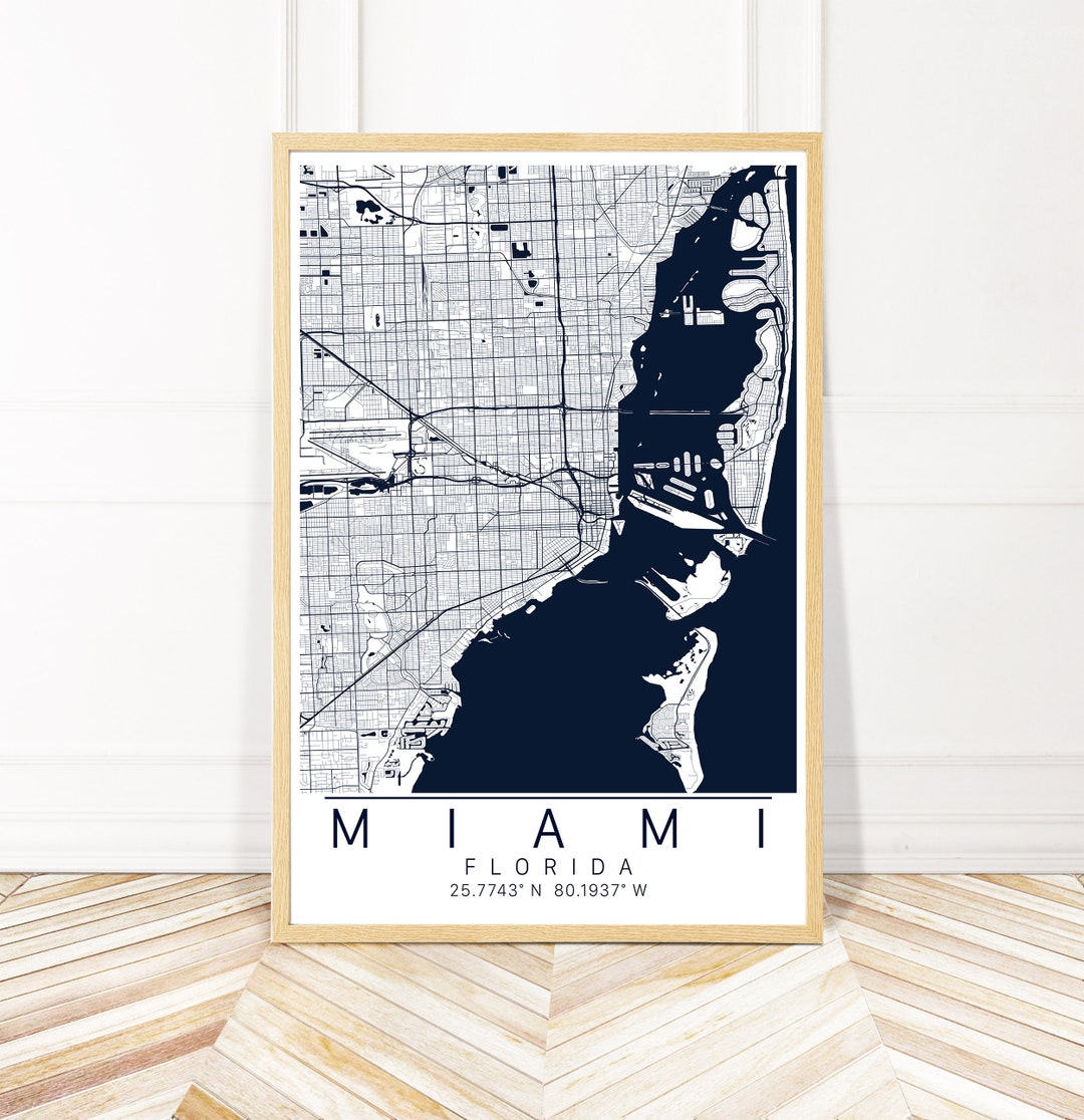 Miami Map Art Framed Canvas or Print - Map of Miami Florida in a Frame ...