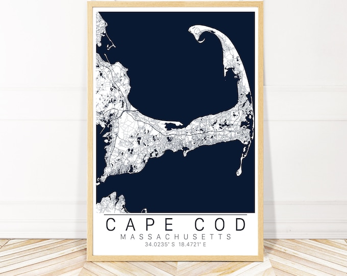 Cape Cod Map Art Framed, Canvas, or Print Map of Cape Cod MA City Map ...