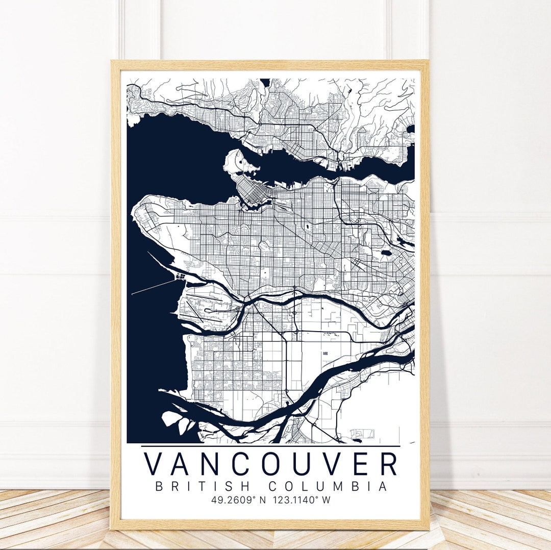 Vancouver Map Art Framed Canvas or Print - Map of Vancouver Canada ...